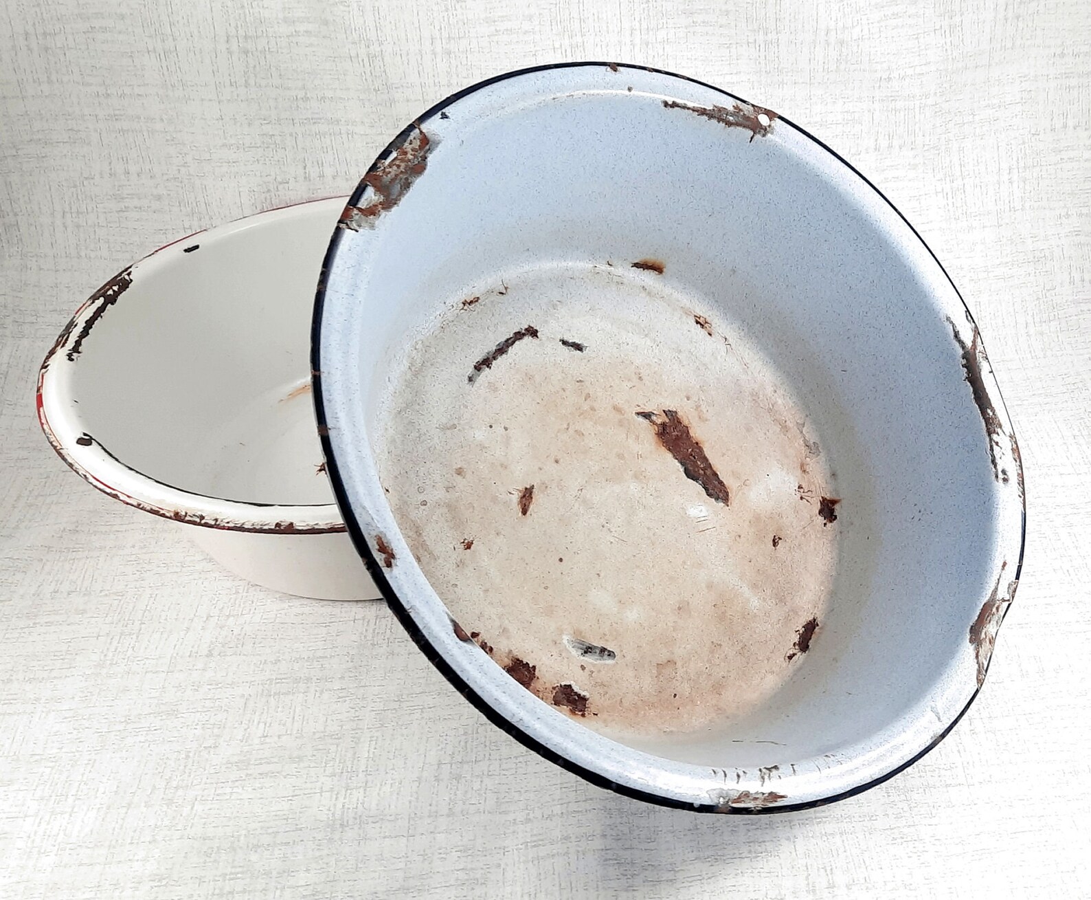 Vintage Enamelware Basin: Rustic Distressed White With Red Rim or ...