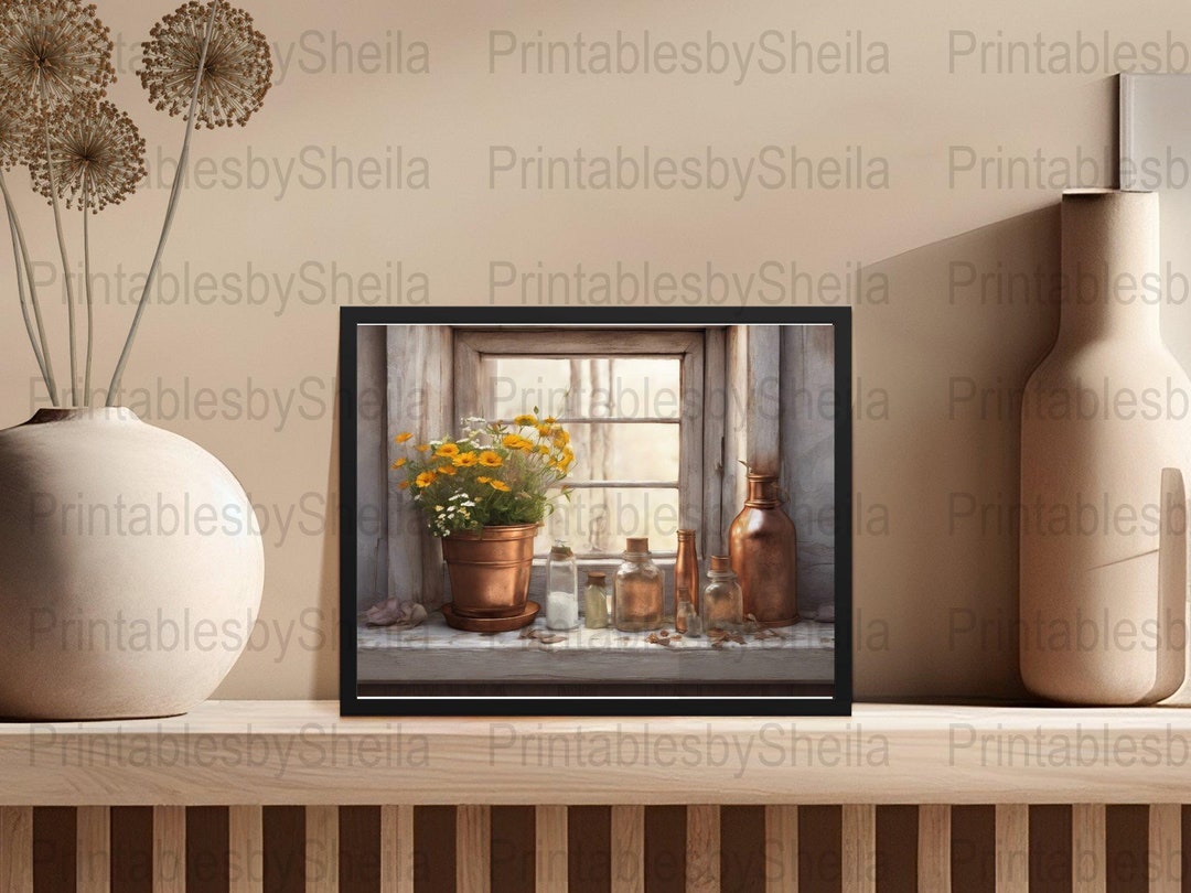 Rustic Window Sill Wall Art, Vintage Botanical Decor, Country Cottage ...