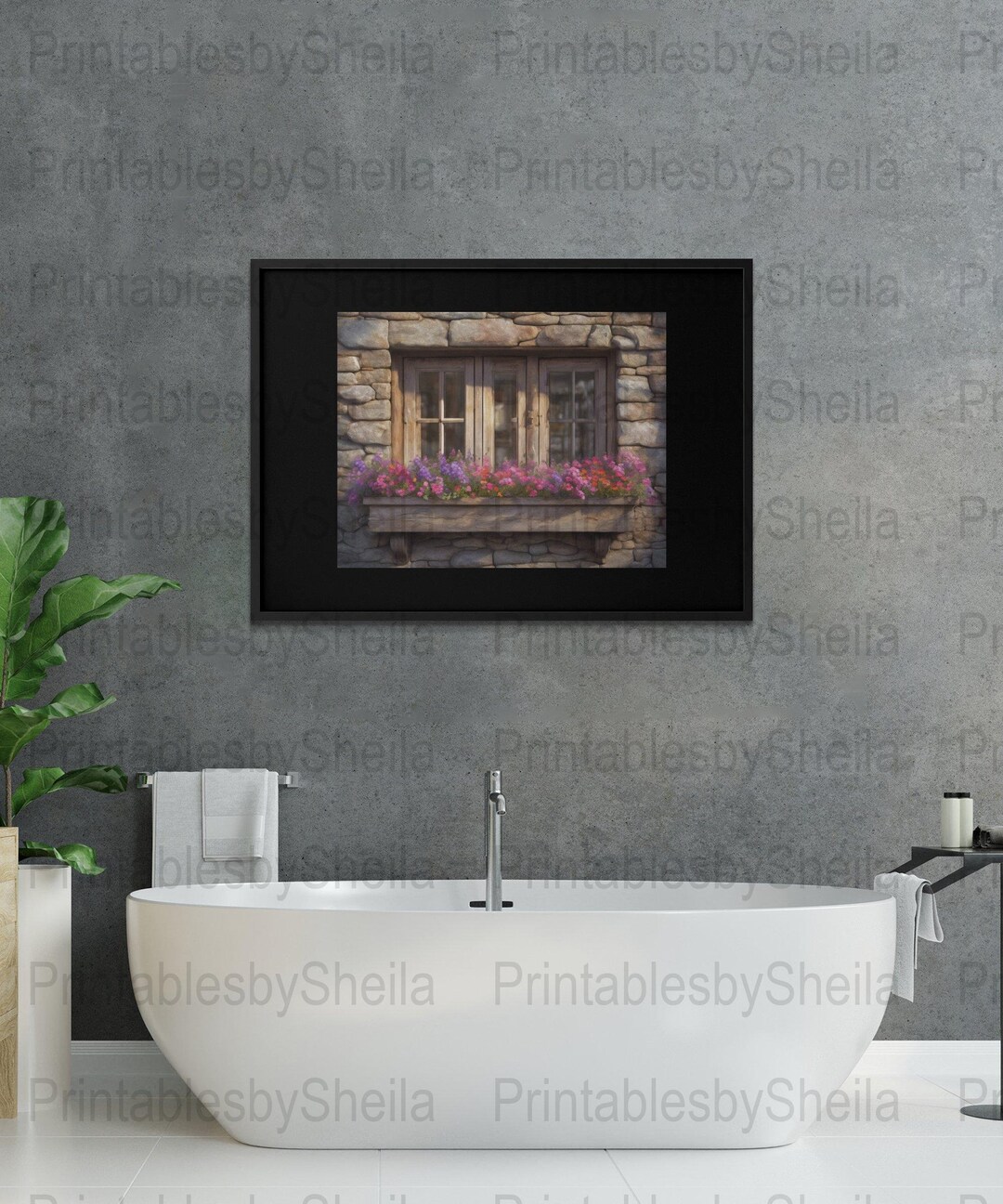 Rustic Window With Flower Box, Stone Wall Art, Cottage Decor, Country ...