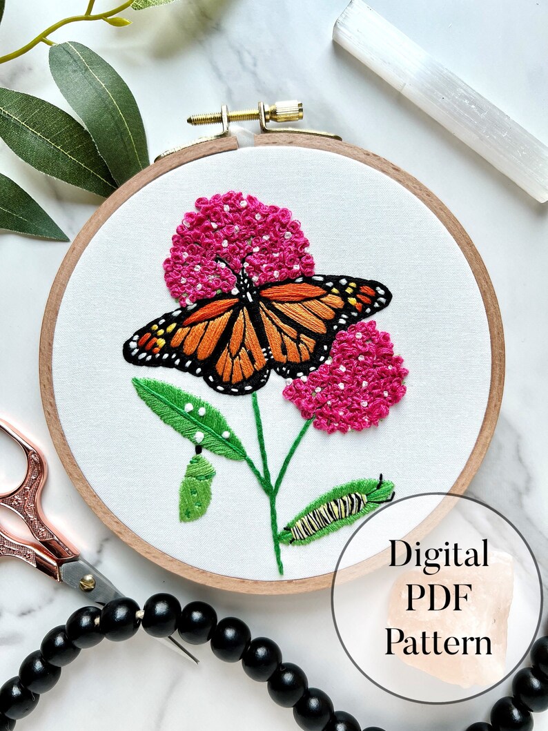 Monarch Butterfly Life Cycle With Milkweed Hand Embroidery - Etsy