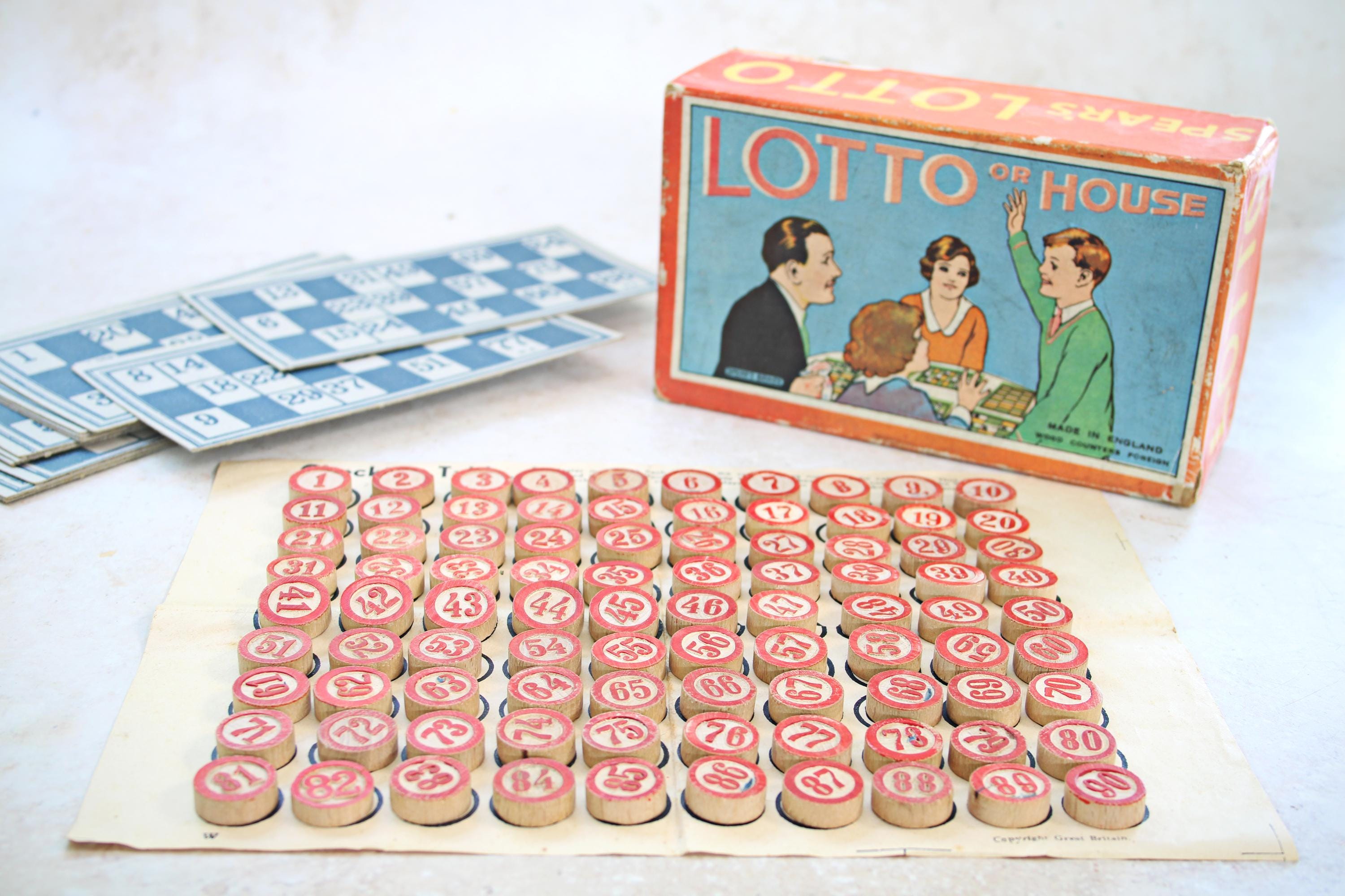 Vintage Lotto House Bingo Game Complete Wooden Counters Upcycle Craft ...