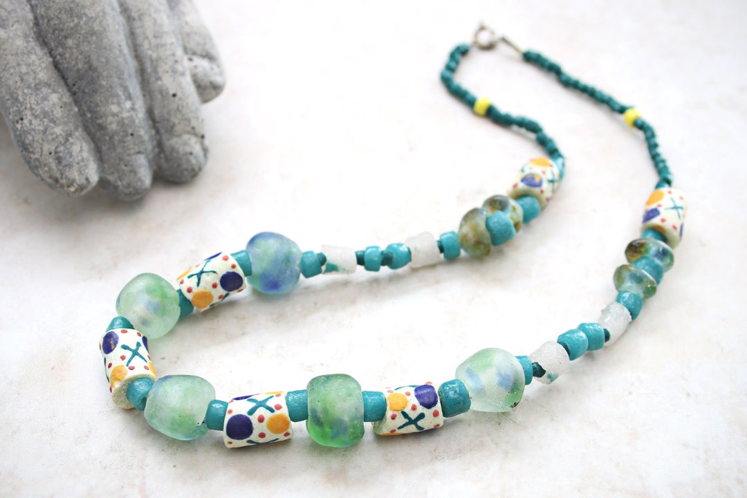 Vintage African Krobo Necklace Trade Bead Turquoise Hand Painted Ghana ...