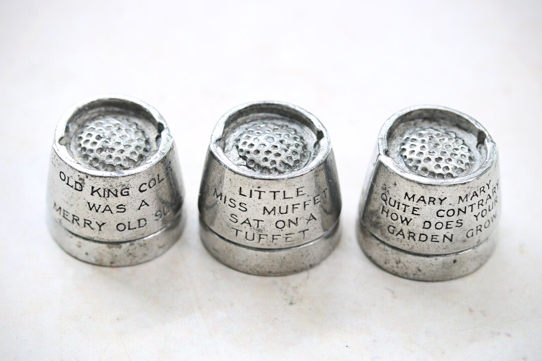 Three English Pewter Nursery Rhyme Thimbles Sewing Haberdashery ...