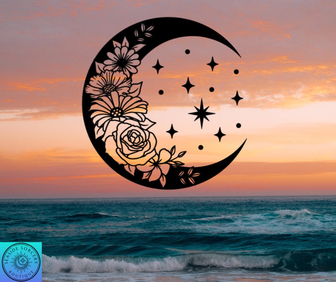 Floral Moon Decal, Flowers, Stars, Crescent Moon, Car Decal, Vinyl ...