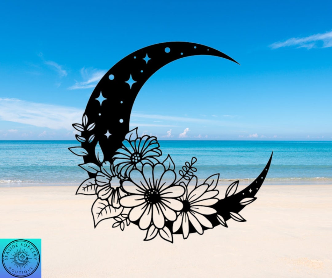 Floral Moon Decal, Flowers, Stars, Crescent Moon, Car Decal, Vinyl ...