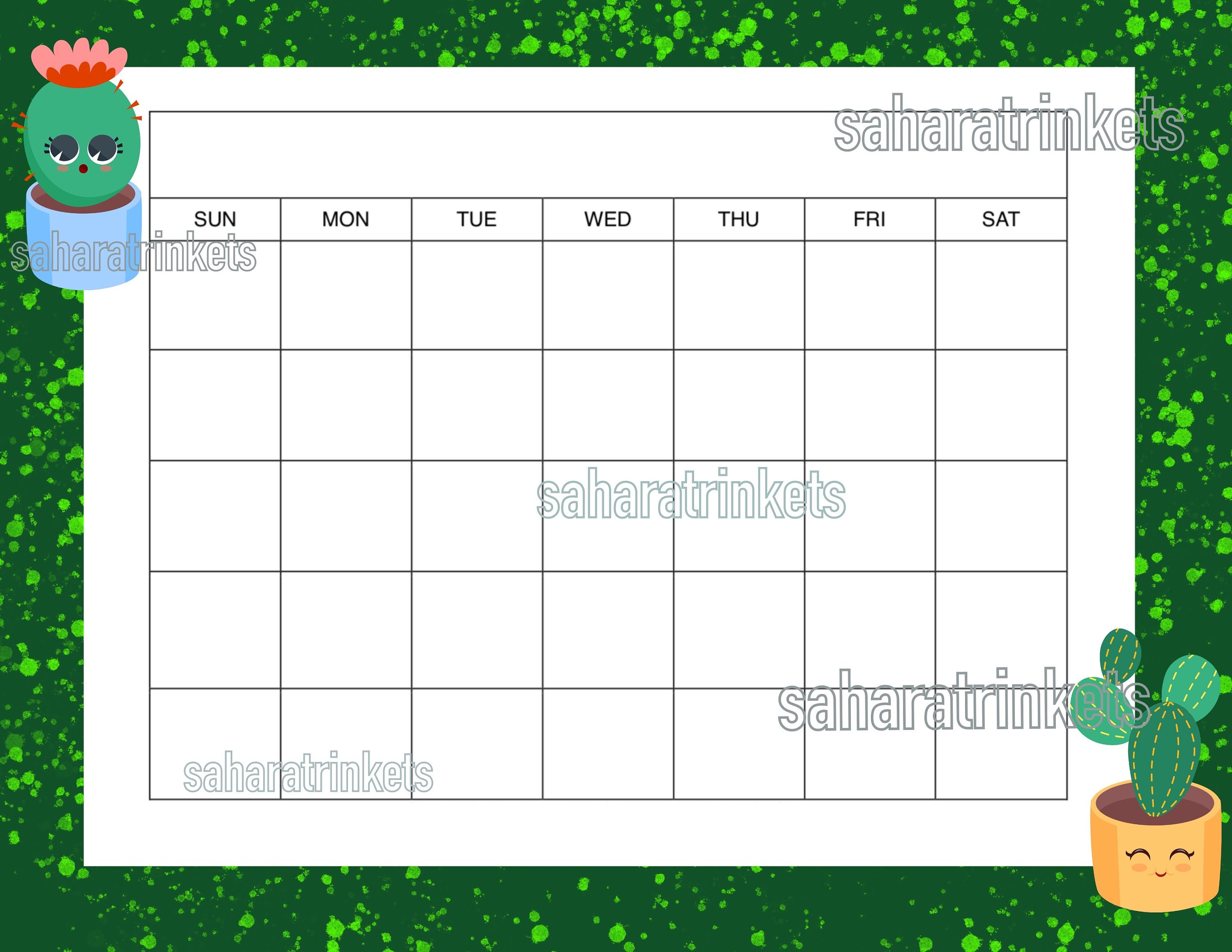 Blank Calendar Month Cactus Theme - Etsy