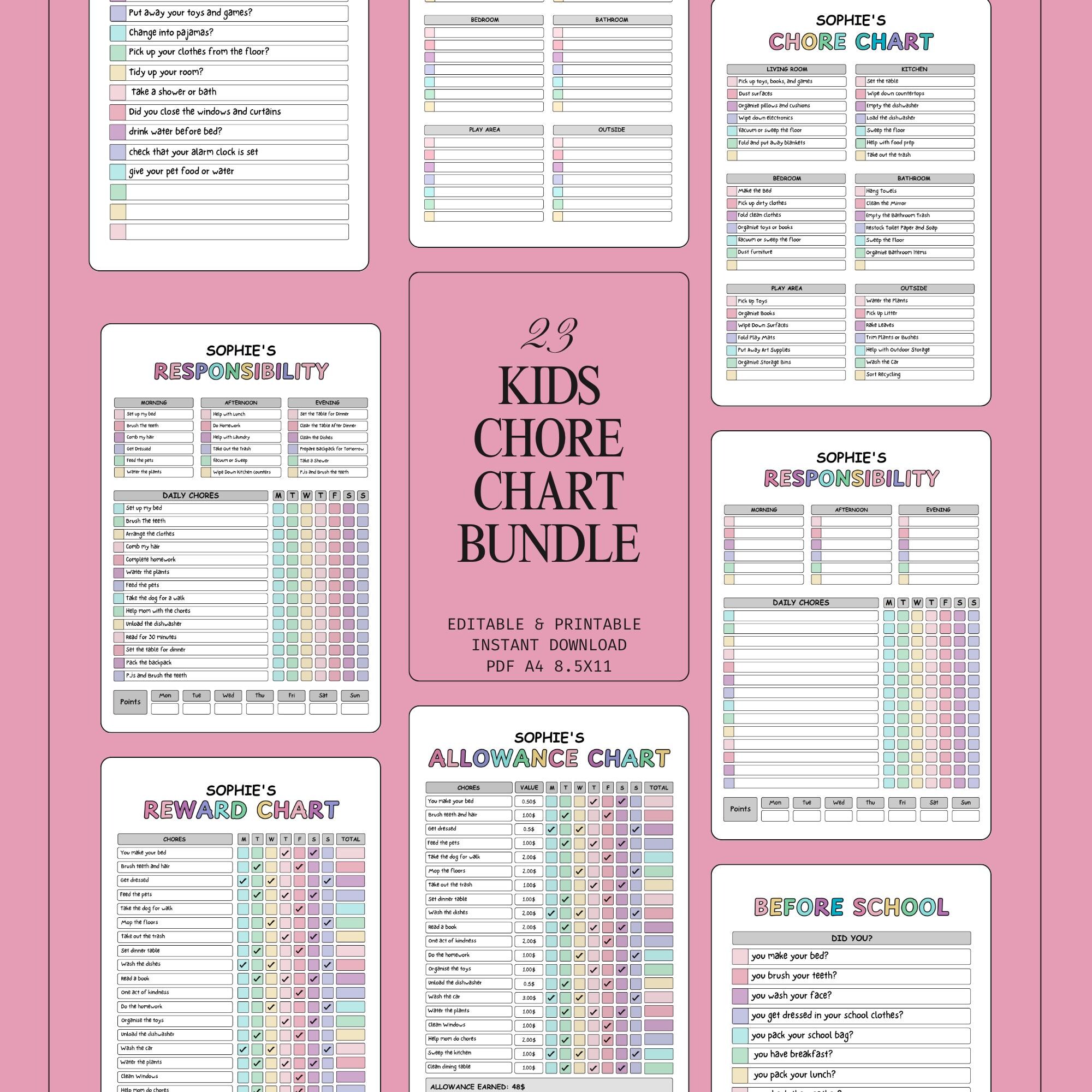 Editable Kid's Chore Chart Bundle, Responsibility Chart, Kids Chore ...