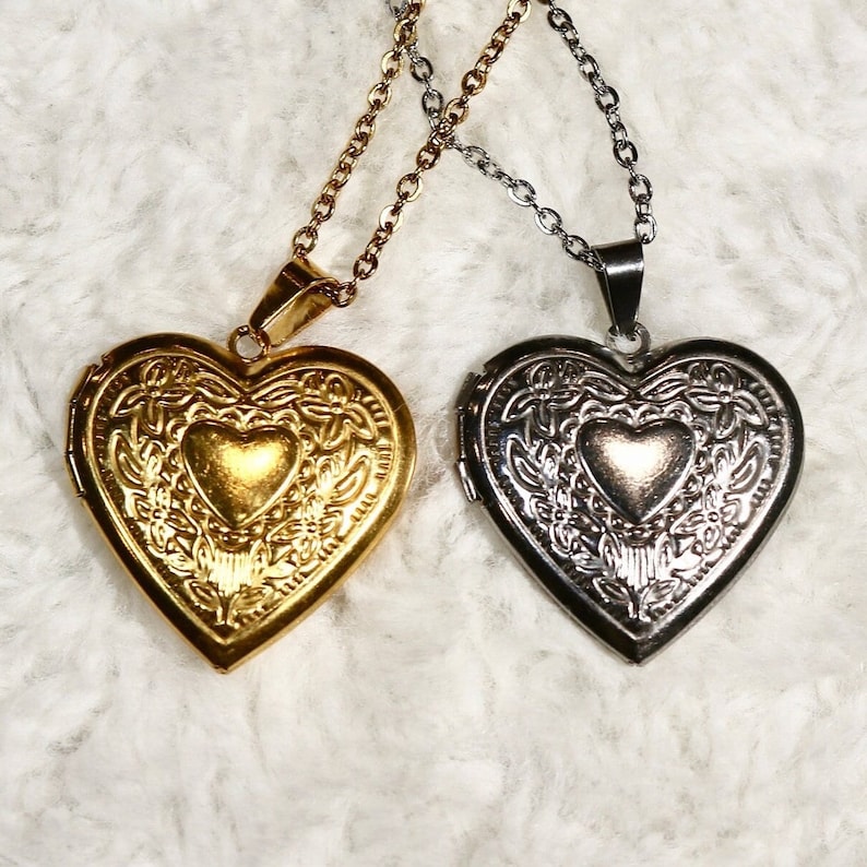 Antique Heart Locket Necklace, Silver / Gold Vintage 90s Heart Necklace ...