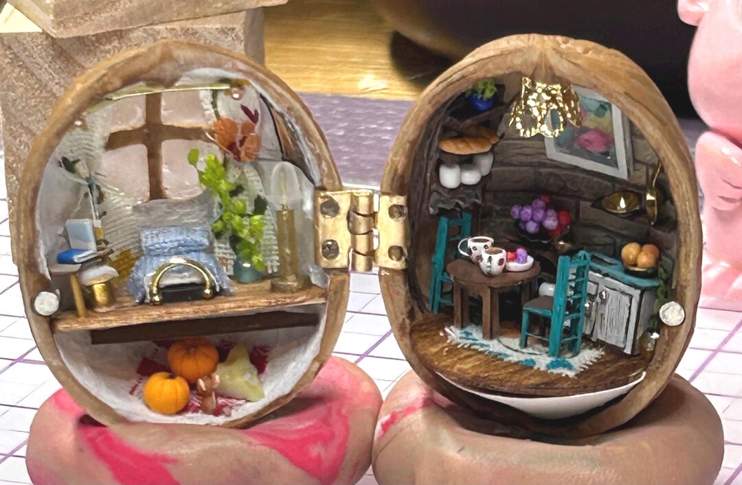 Miniature Walnut House Diorama Micro Tiny House Ooak Handmade by Me - Etsy