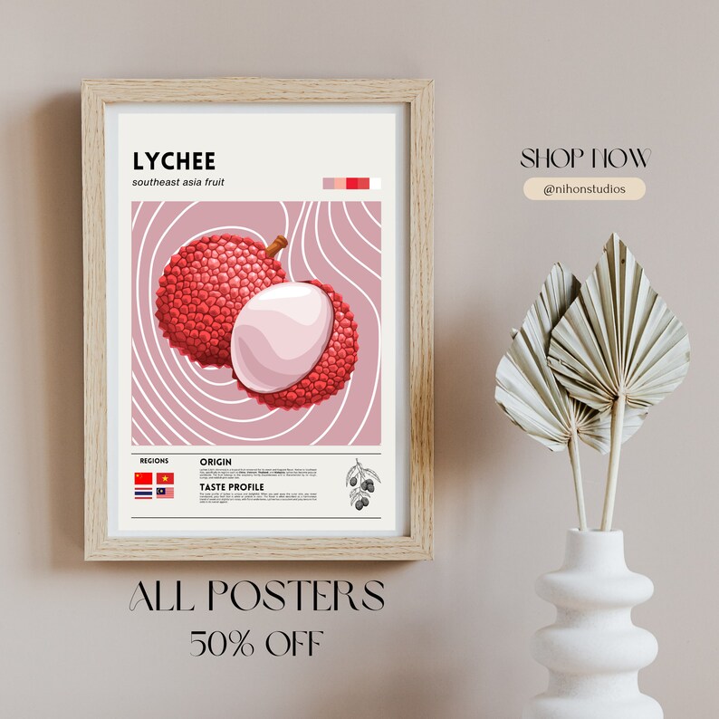 Lychee Poster , Realistic Fruit Poster , Retro Fruit Poster , Digital ...