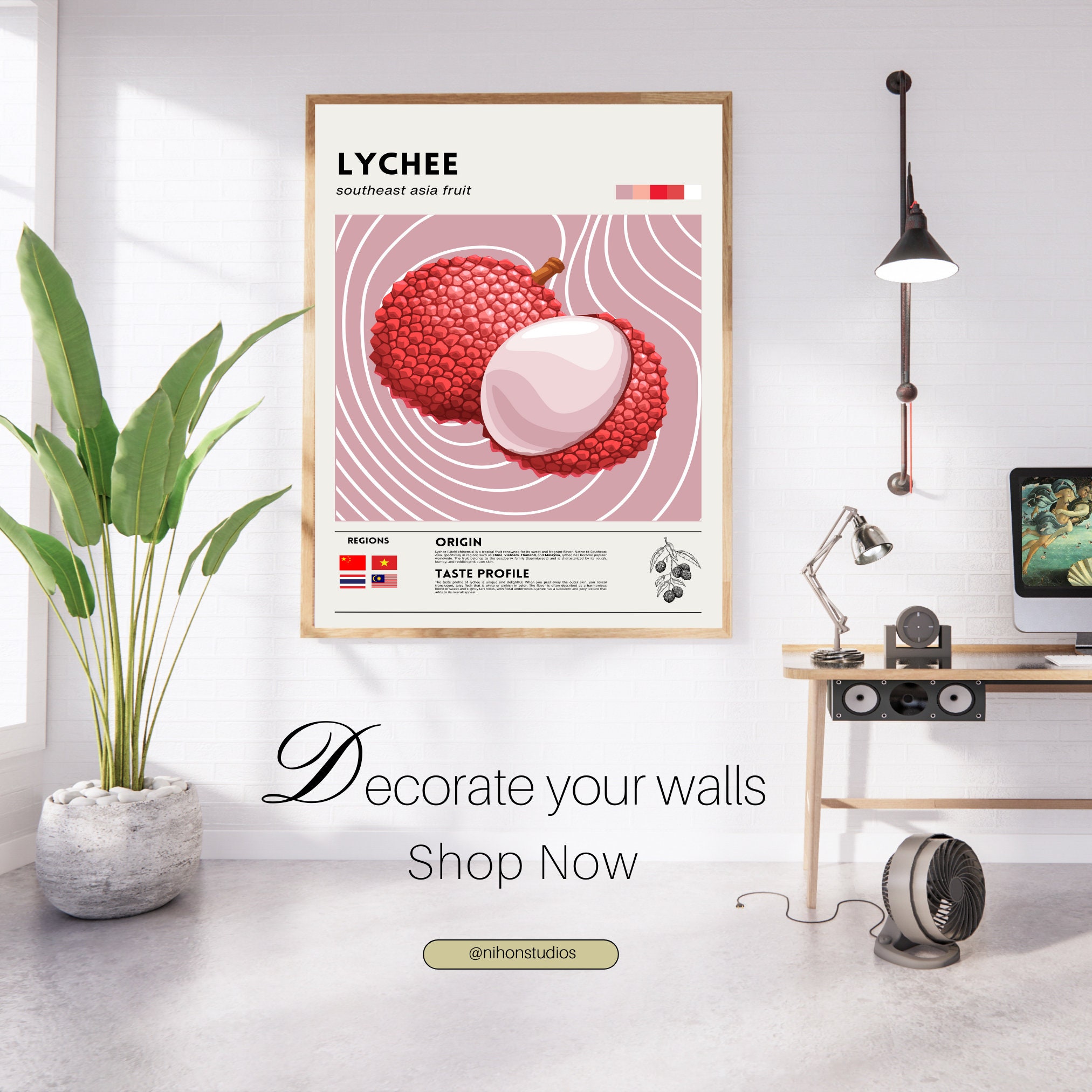 Lychee Poster , Realistic Fruit Poster , Retro Fruit Poster , Digital ...