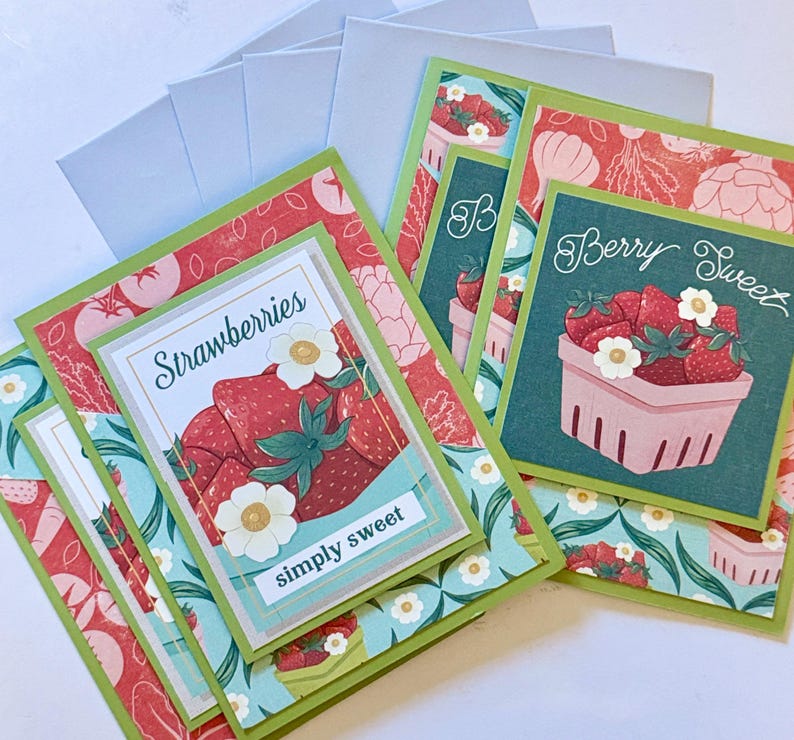 Handmade Strawberry Cards Set, Summer Fruit Stationery, Blank Notes ...