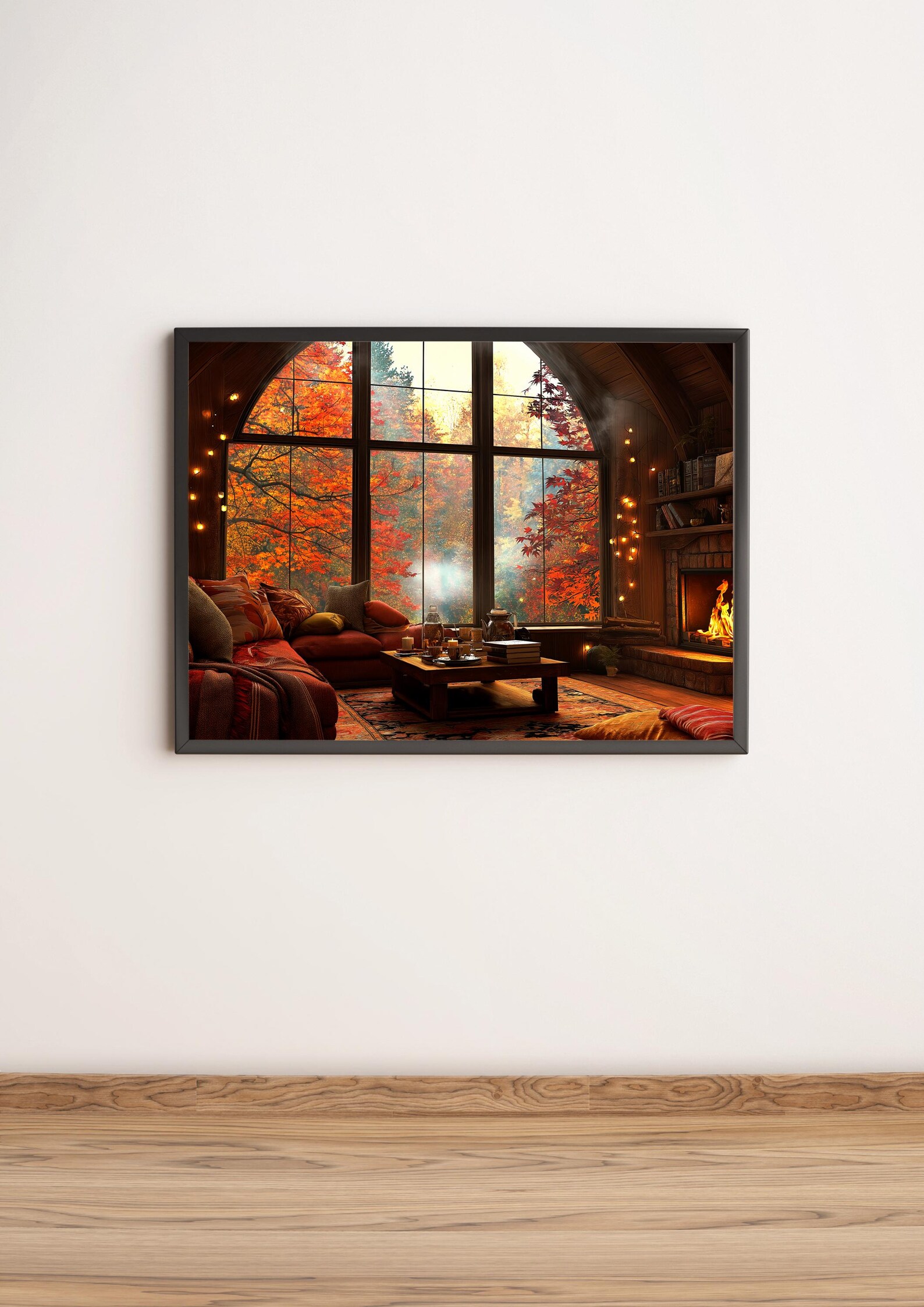 Cozy Autumn Living Room View - Arched Window - Fall Landscape - Digital ...