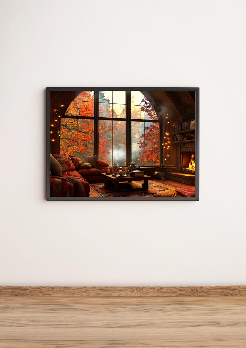 Cozy Autumn Living Room View - Arched Window - Fall Landscape - Digital ...