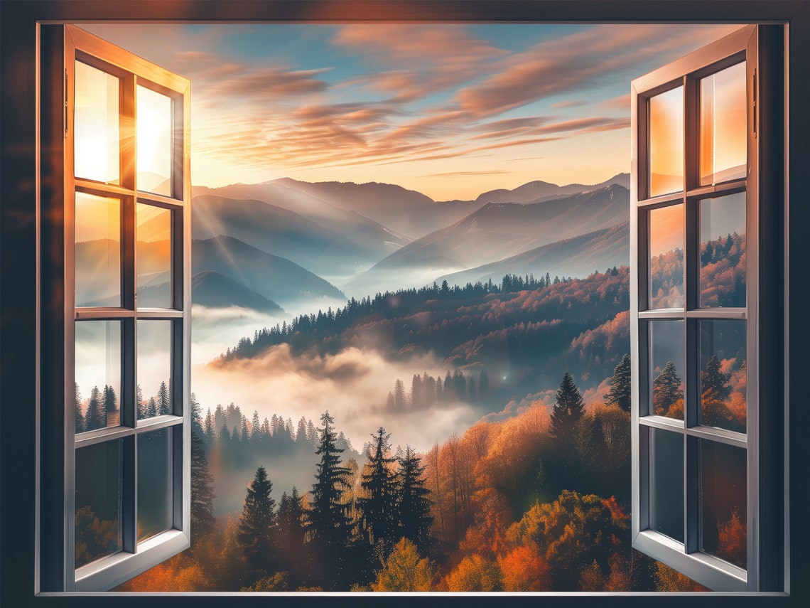 Majestic Mountain Sunrise, Scenic Window View, Landscape Art, Digital ...