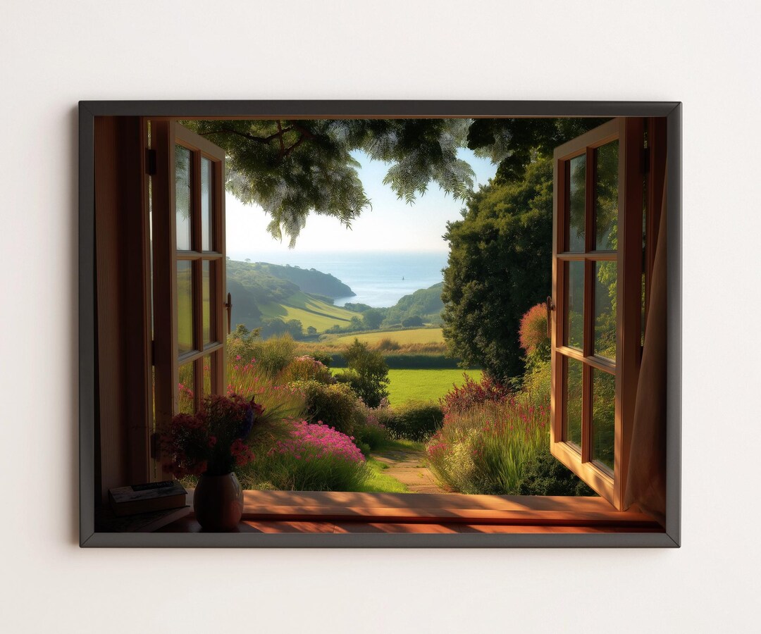 Coastal Cottage Window View - English Seaside Garden Print - Digital ...