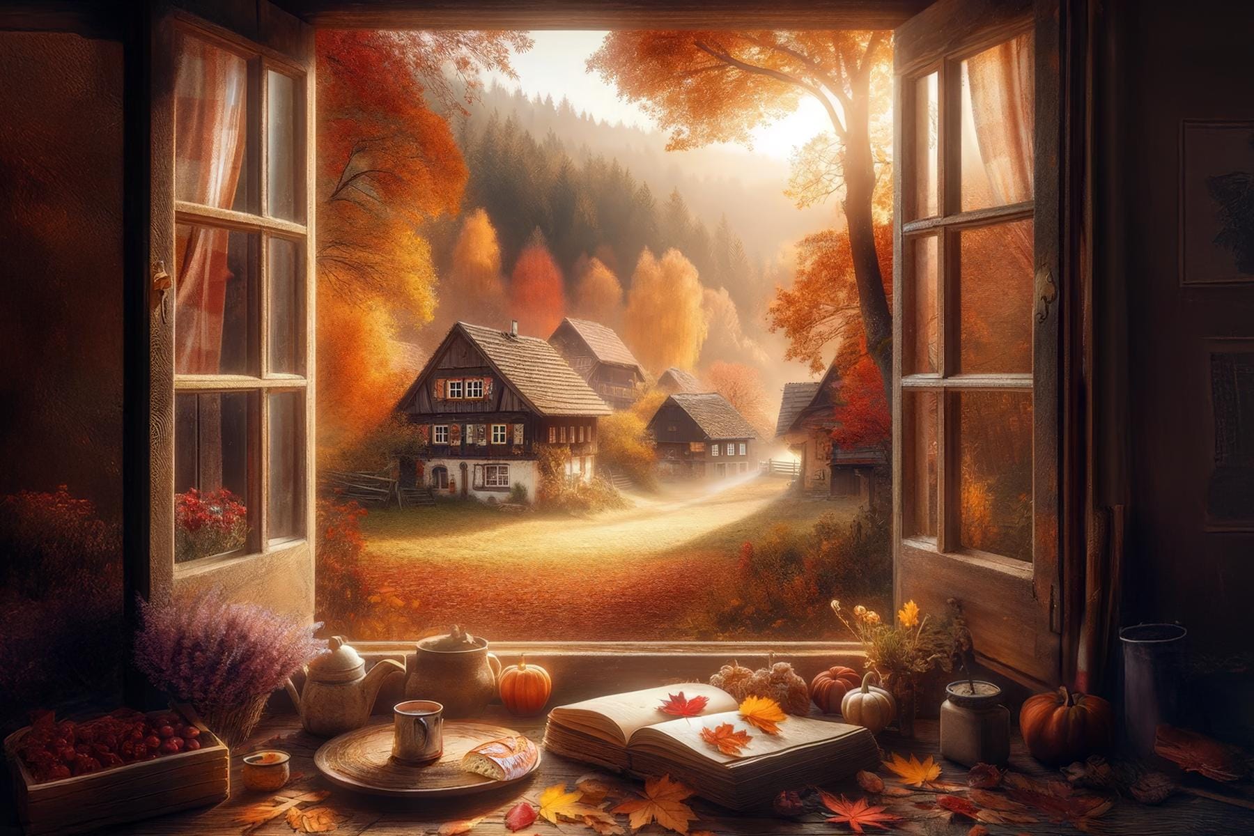 Autumn Village Digital Print - Cozy Fall Window View Scenery With ...