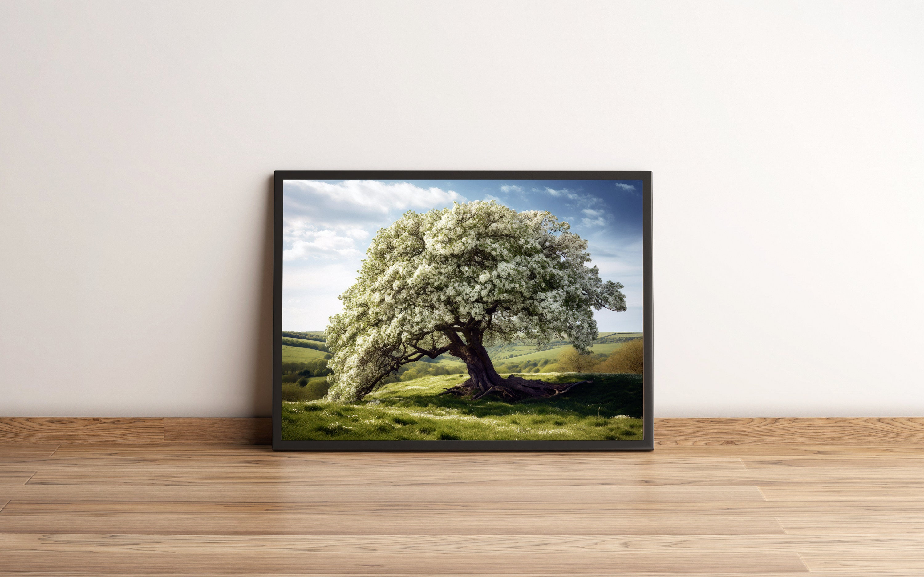 Printable Art, Ancient Hawthorn in Bloom Countryside Landscape Spring ...