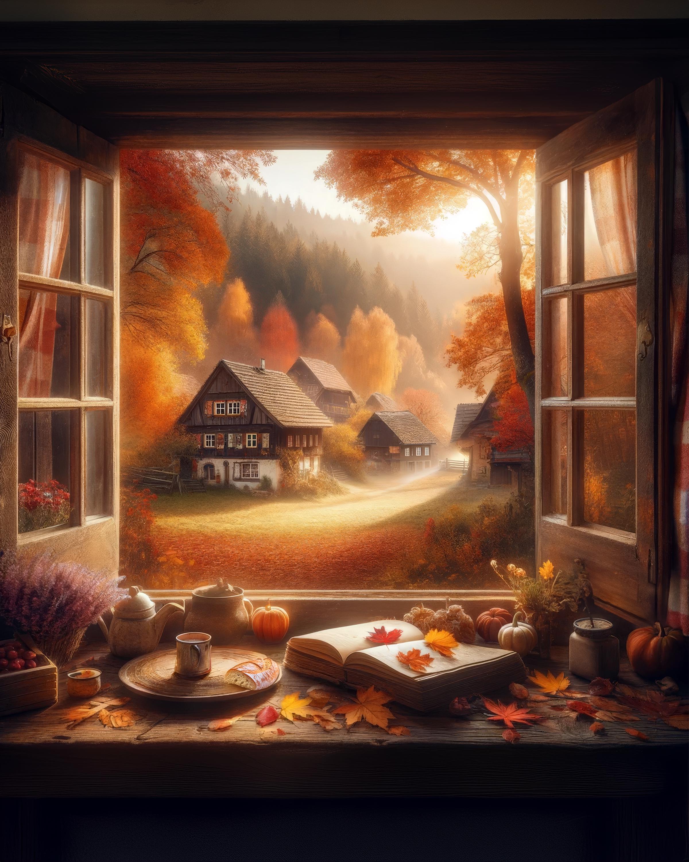 Autumn Village Digital Print - Cozy Fall Window View Scenery With ...