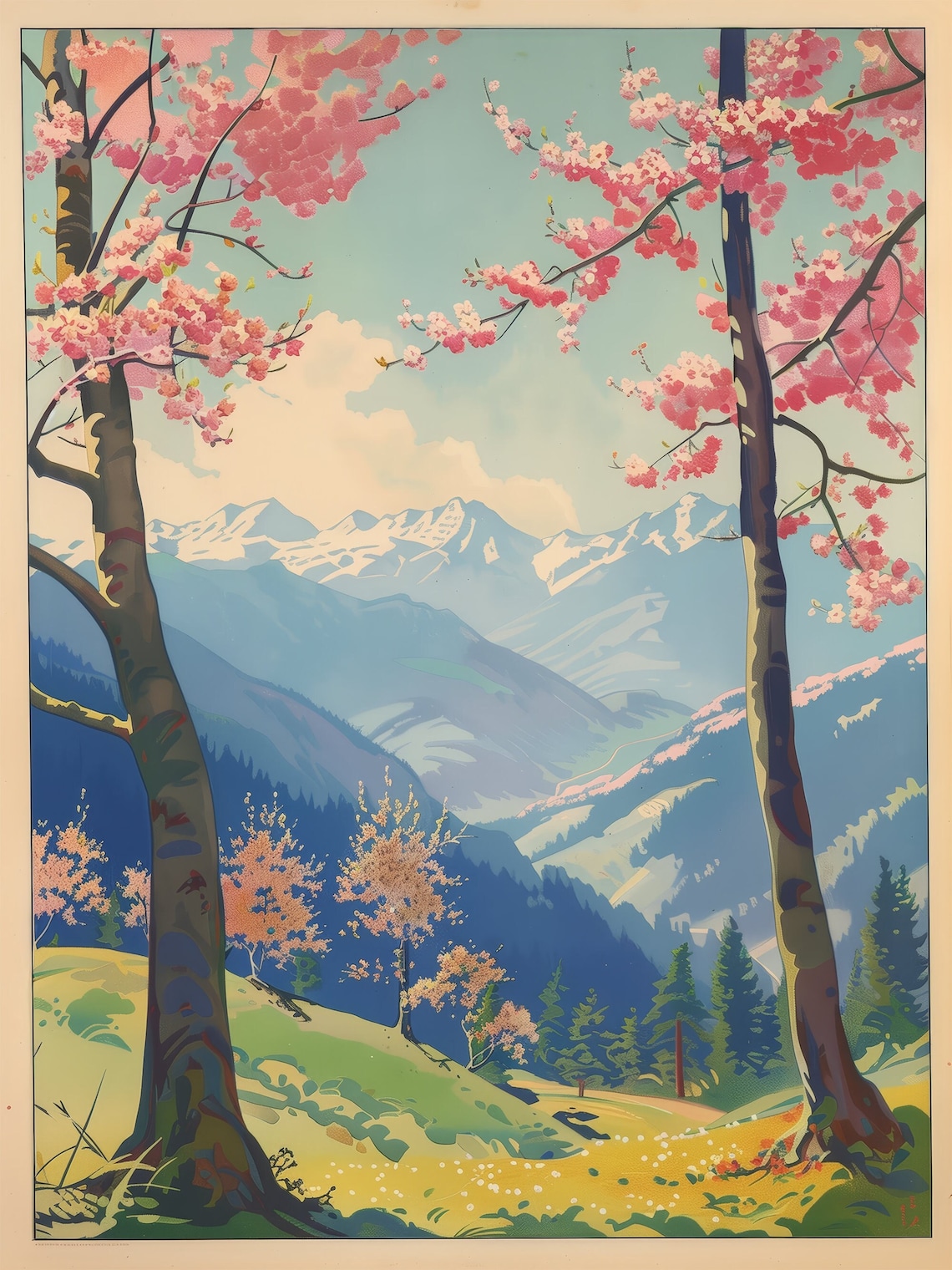 Art Nouveau Spring Landscape Digital Print of Blossoming Trees & Alpine ...