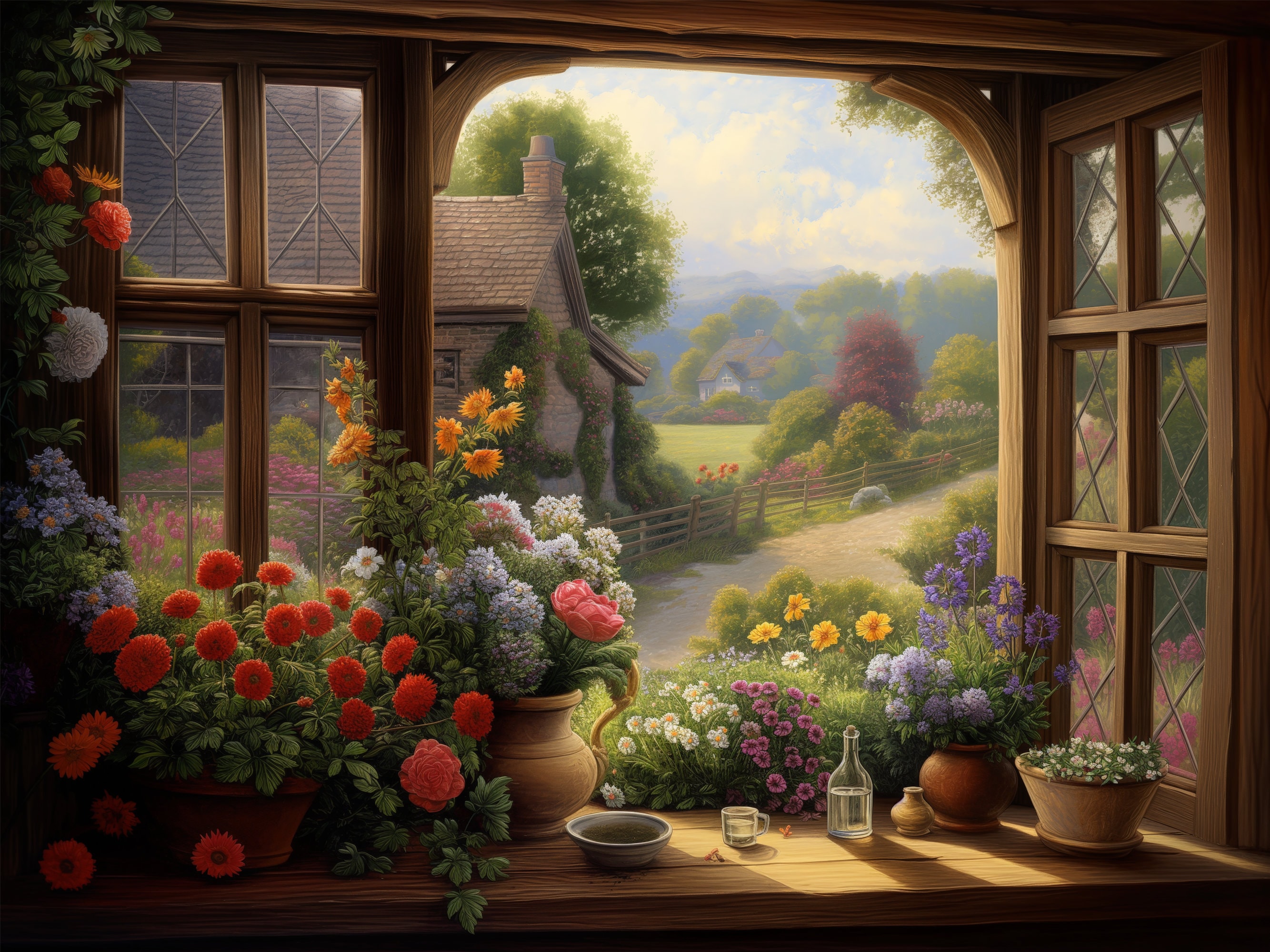 Window View Wall Art: English Cottage, Flower Garden View Digital Print ...