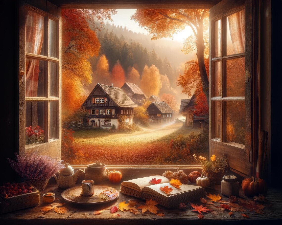 Autumn Village Digital Print - Cozy Fall Window View Scenery With ...