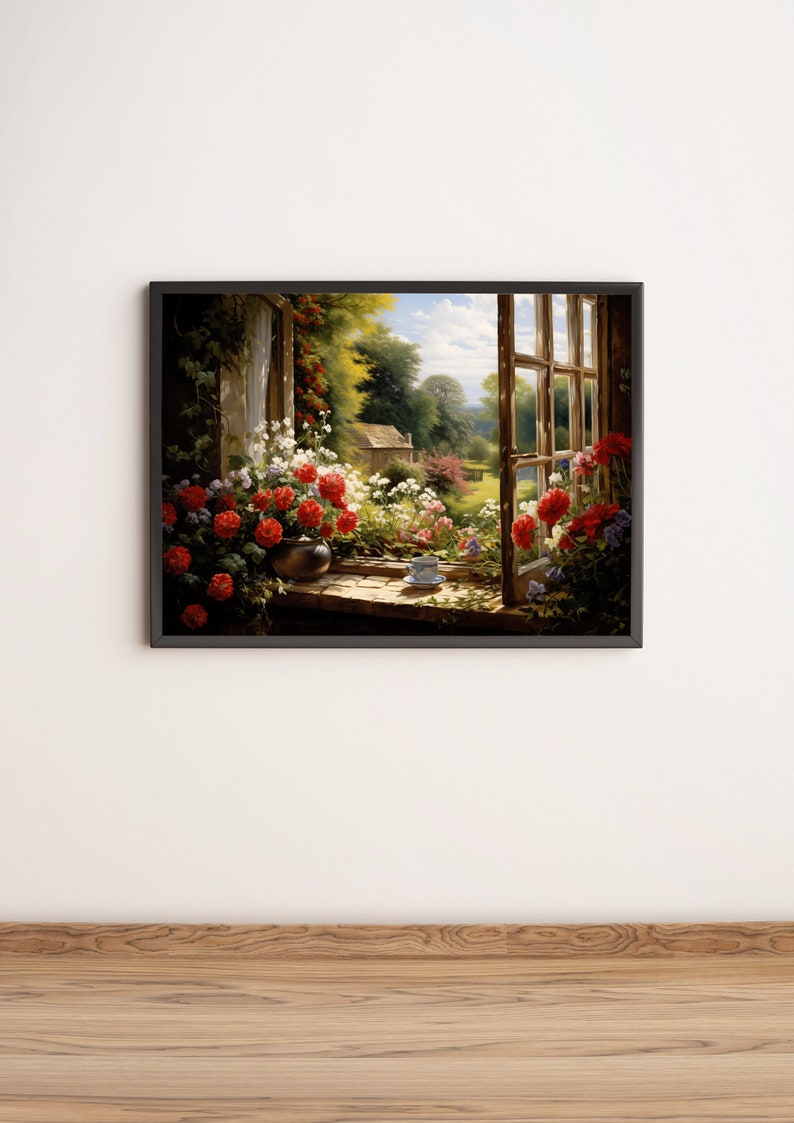 English Cottage Garden Window View, Digital Painting Download, Rustic ...