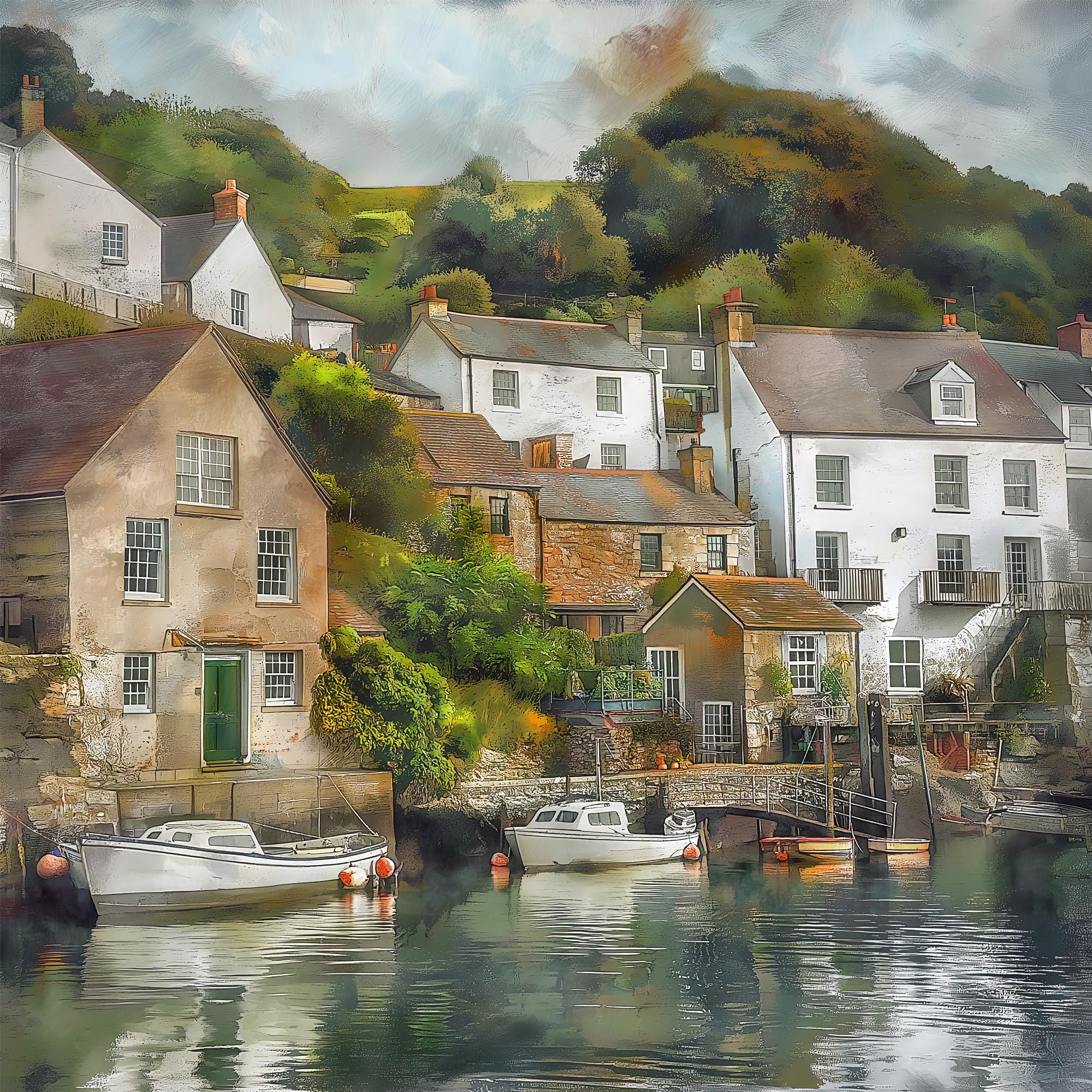 Quaint Cornish Harbor Houses | Watercolor Coastal Landscape | Rustic ...