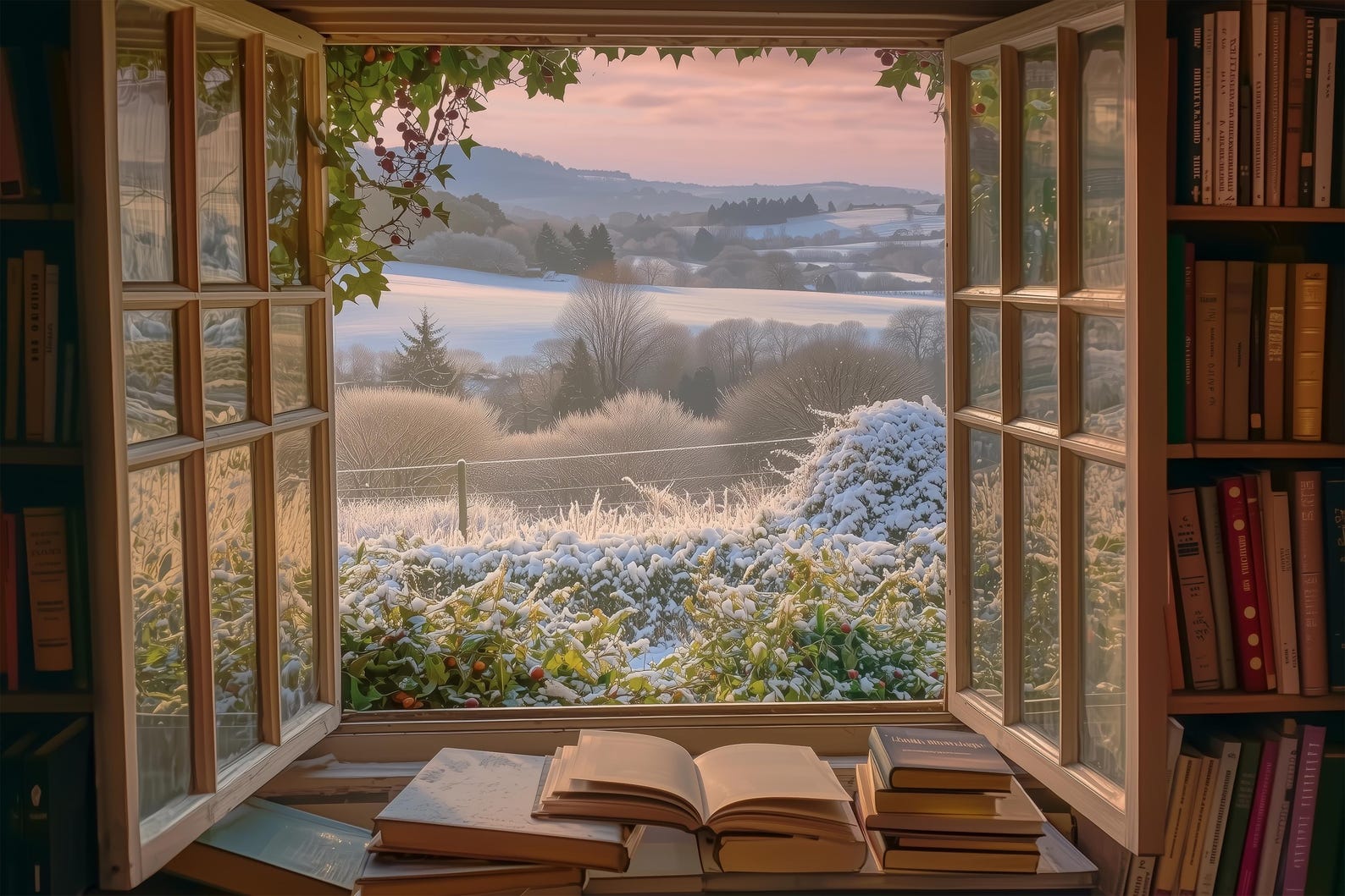 Winter English Countryside View, Snowy Cottage Window Scene, Rustic ...