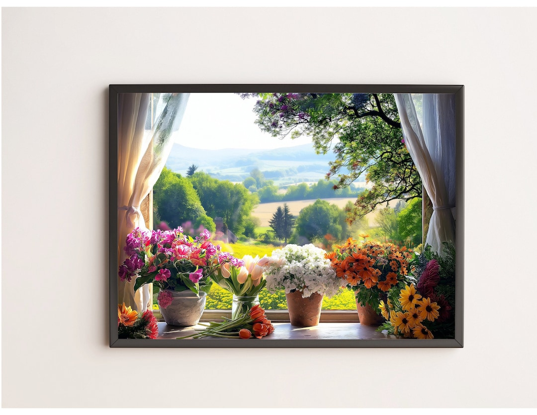 English Countryside Digital Print, Window View Floral View Artwork ...