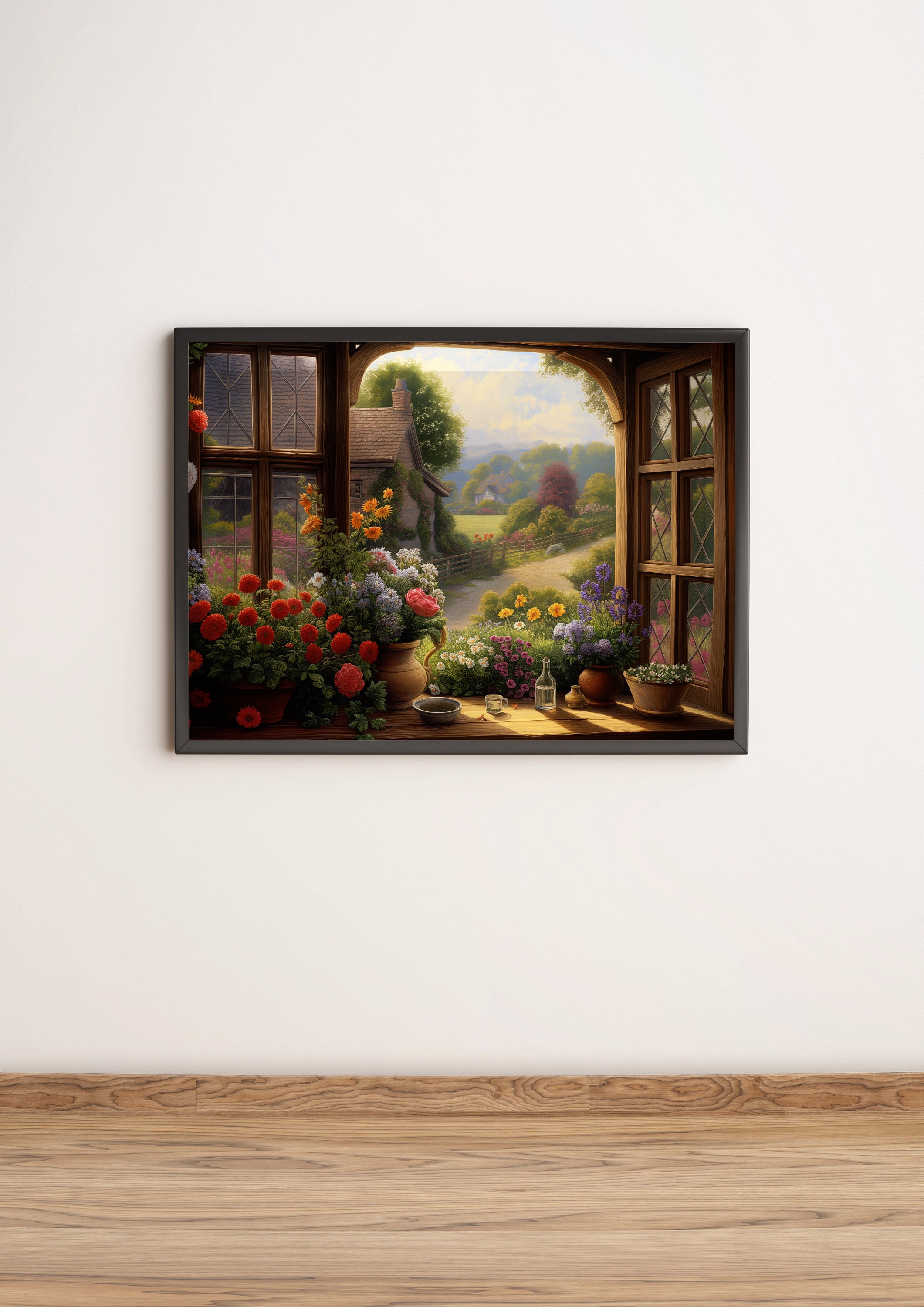 Window View Wall Art: English Cottage, Flower Garden View Digital Print ...