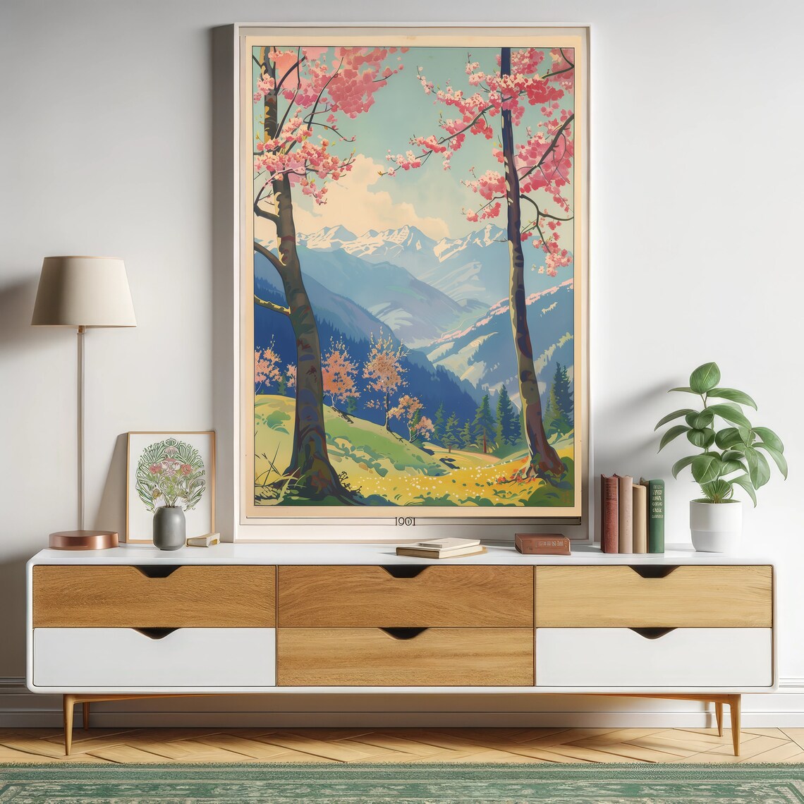Art Nouveau Spring Landscape Digital Print of Blossoming Trees & Alpine ...