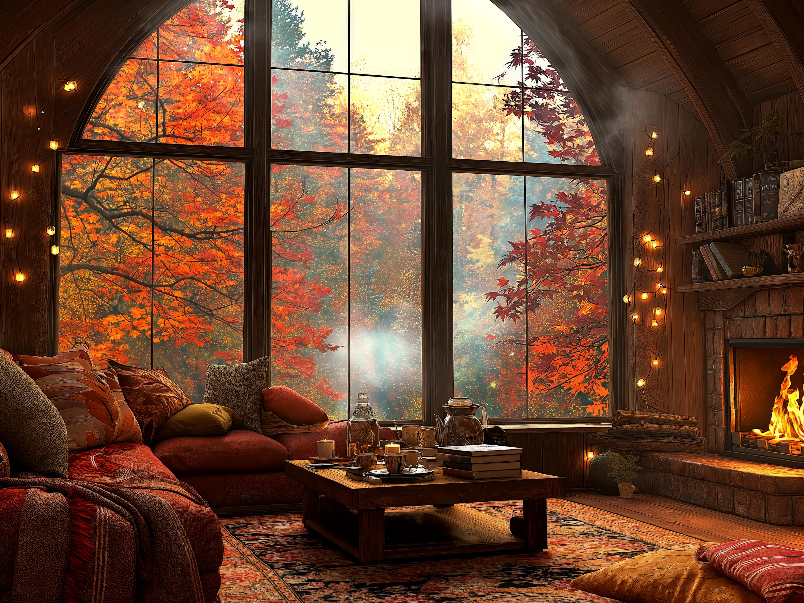 Cozy Autumn Living Room View - Arched Window - Fall Landscape - Digital ...