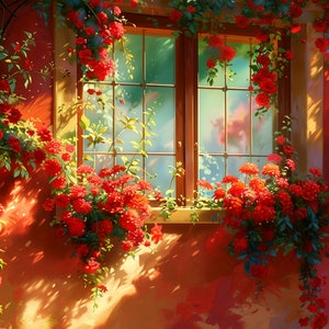 High Resolution Digital Art Set of Red Flowers Around Windows - Instant ...