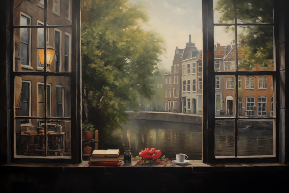Dutch Canal View Oil Painting - Atmospheric Dutch Window Wall Art ...