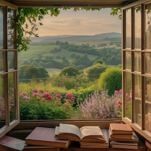 English Country Garden View - Cottage Window - Landscape Painting ...