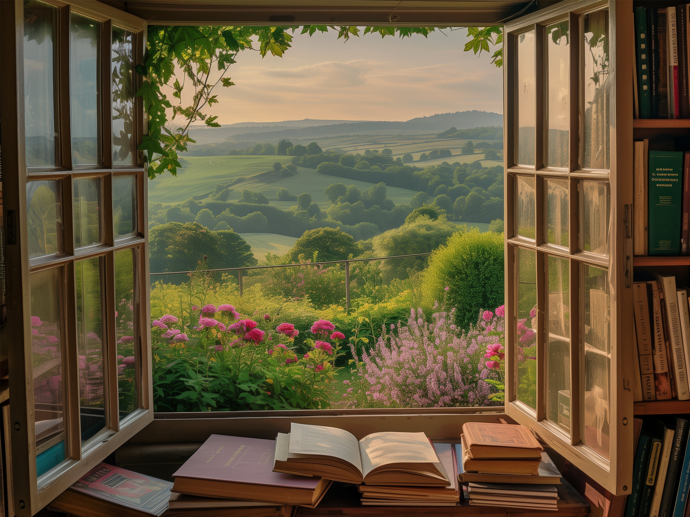 English Country Garden View - Cottage Window - Landscape Painting ...