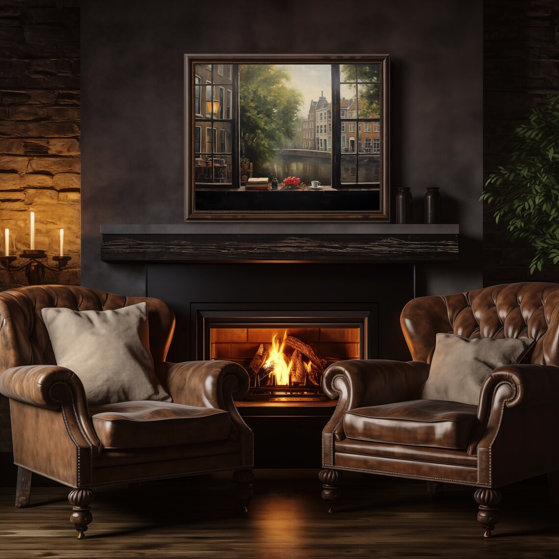 Dutch Canal View Oil Painting - Atmospheric Dutch Window Wall Art ...