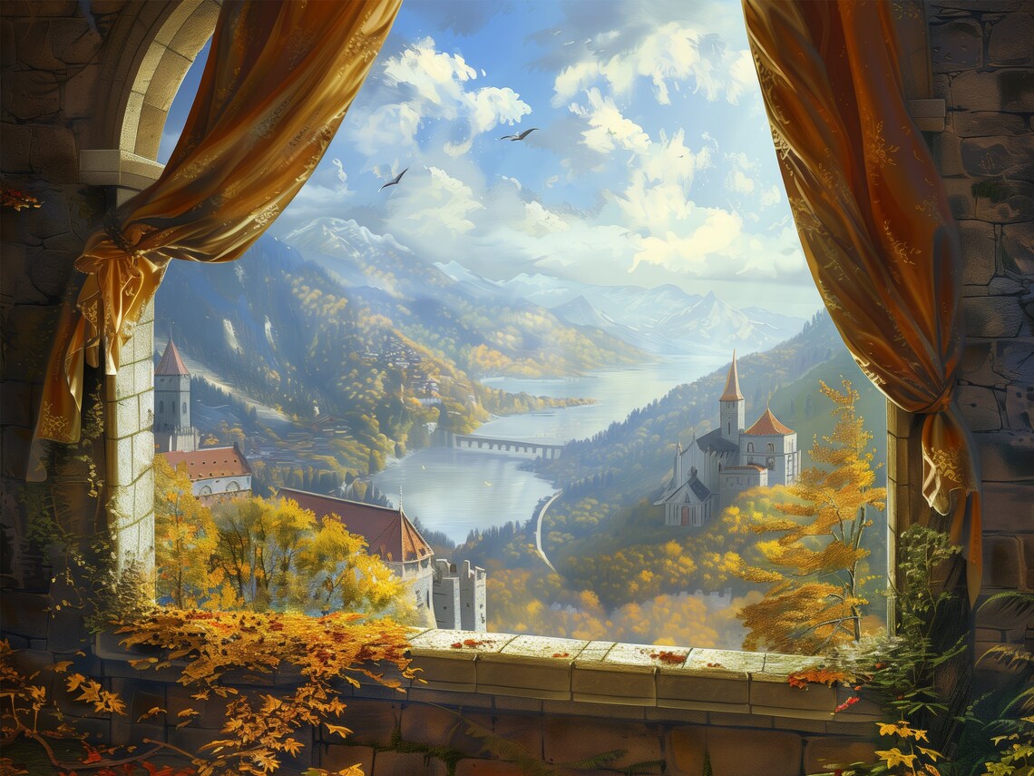 Enchanted Medieval Castle Window View Digital Print, Fantasy Landscape ...