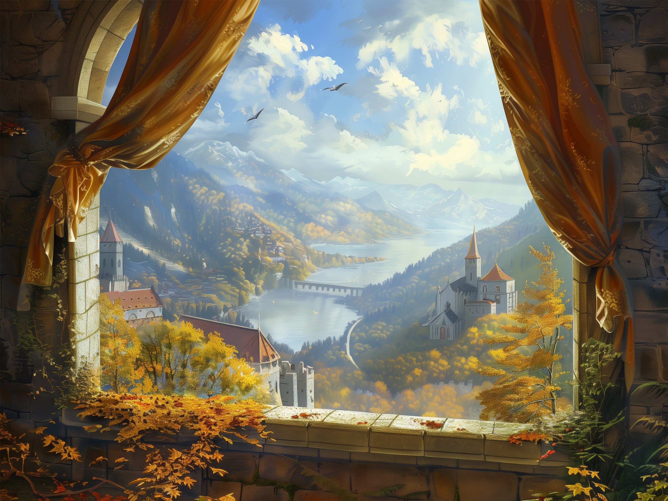 Enchanted Medieval Castle Window View Digital Print, Fantasy Landscape ...