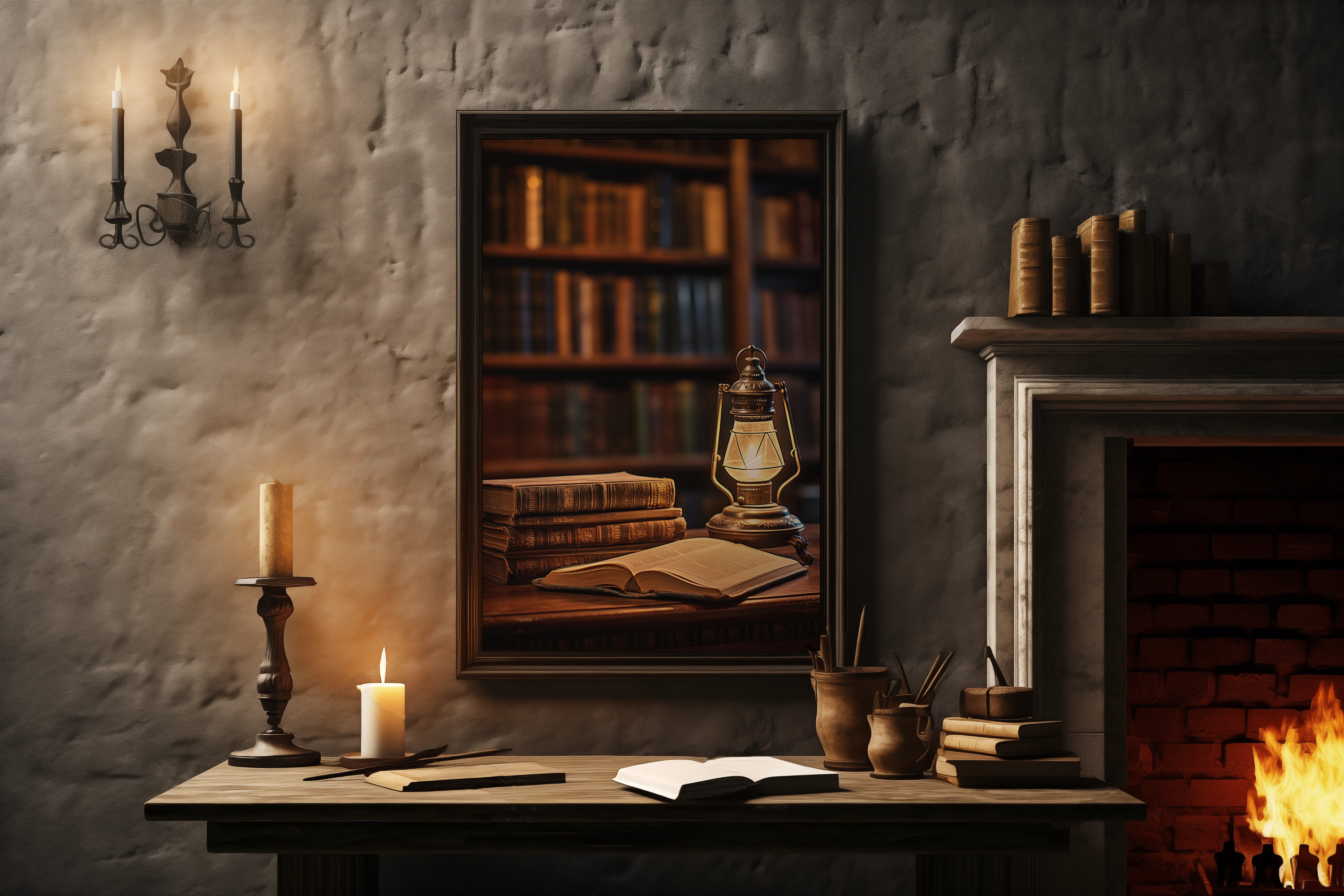 Antiquarian Book in Library Print Cozy Vintage Room Detailed Wall Art ...