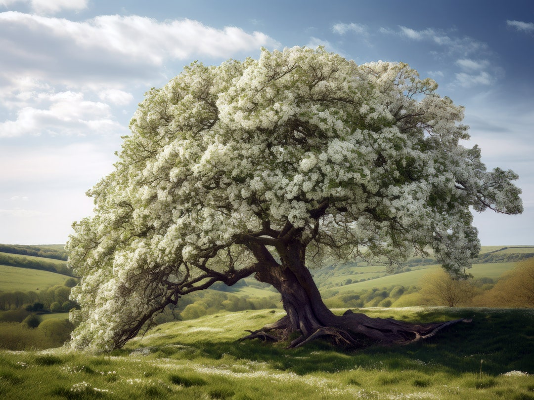 Printable Art, Ancient Hawthorn in Bloom Countryside Landscape Spring ...