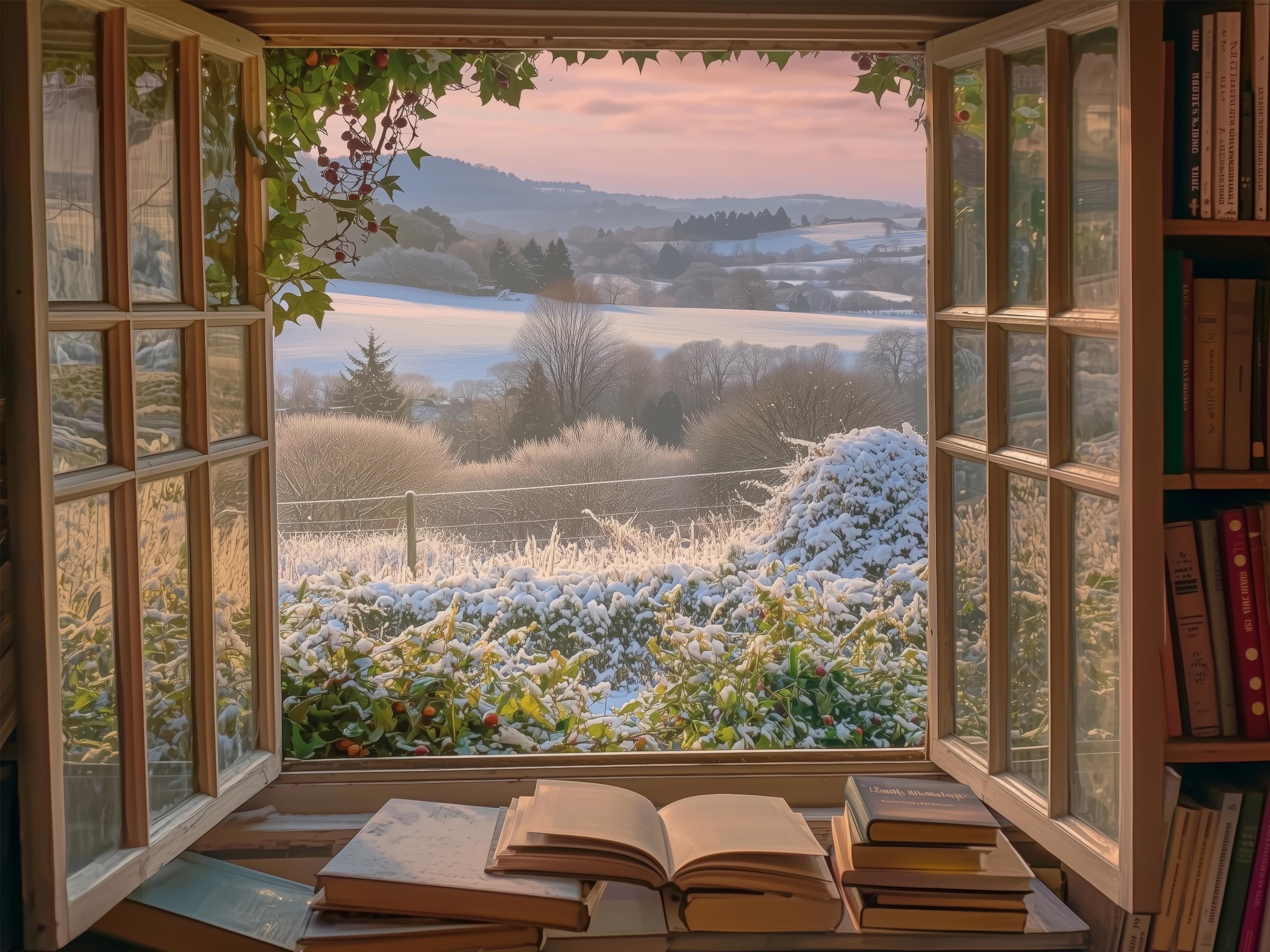 Winter English Countryside View, Snowy Cottage Window Scene, Rustic ...