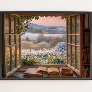 Winter English Countryside View, Snowy Cottage Window Scene, Rustic ...