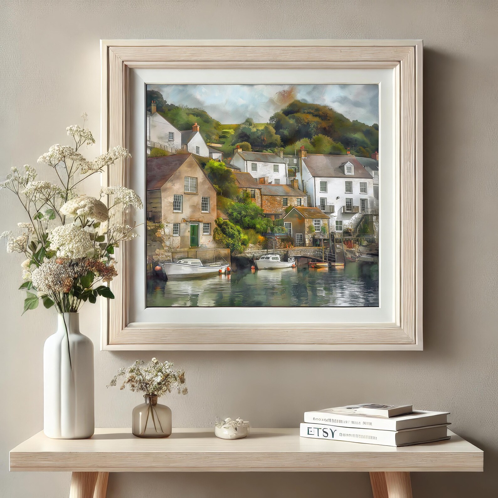 Quaint Cornish Harbor Houses | Watercolor Coastal Landscape | Rustic ...