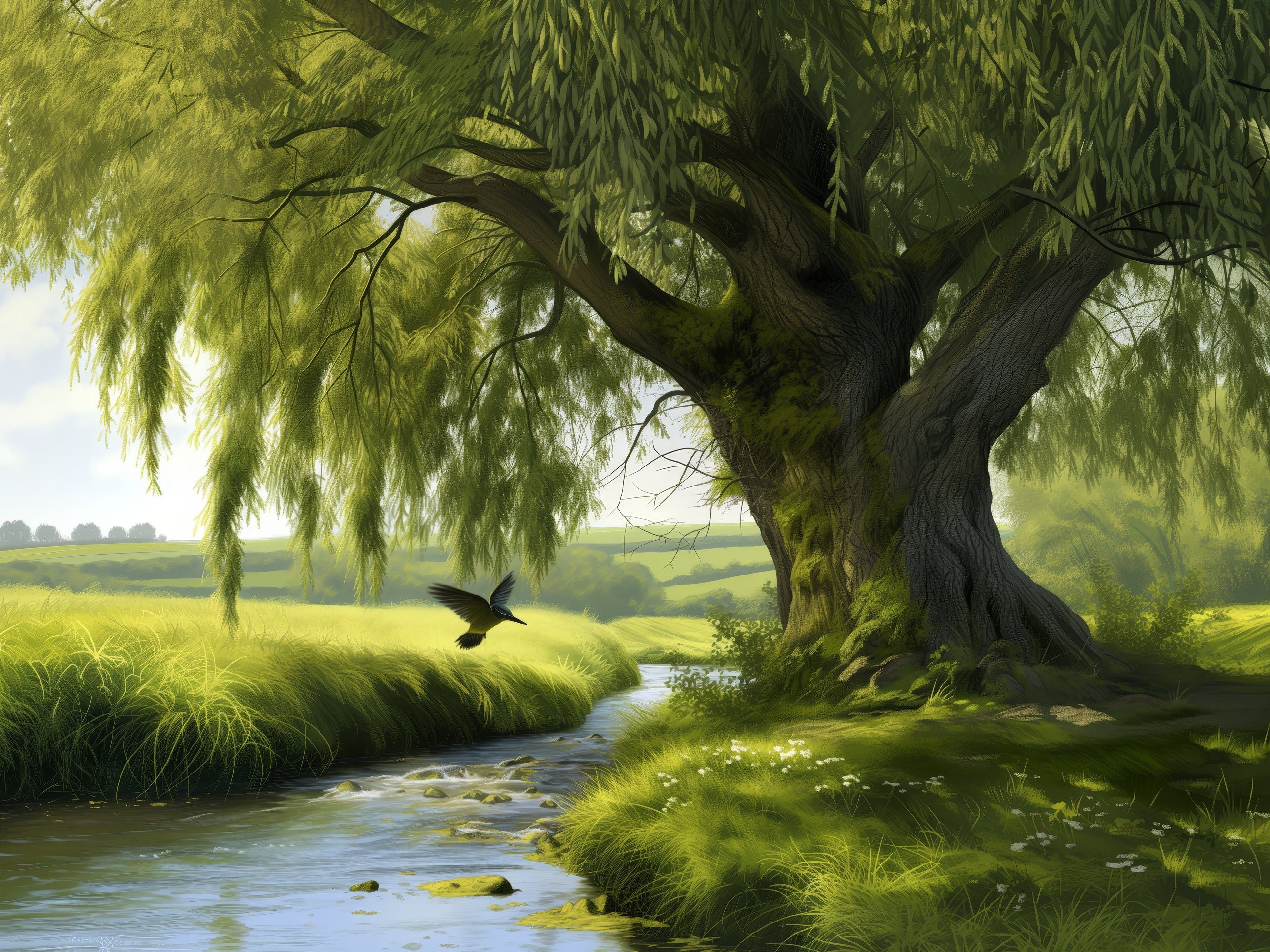 Ancient Willow Tree Digital Art - English Countryside Stream Landscape ...