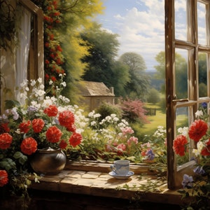English Cottage Garden Window View, Digital Painting Download, Rustic ...