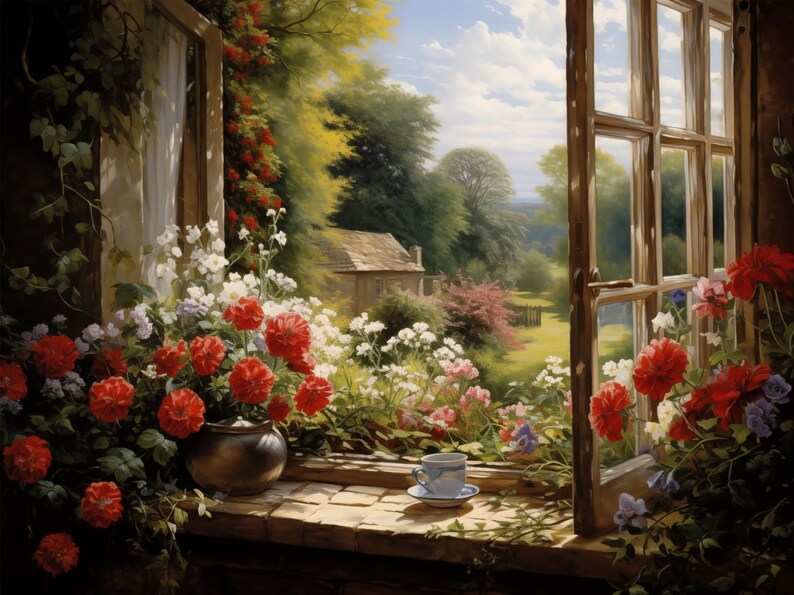 English Cottage Garden Window View, Digital Painting Download, Rustic ...