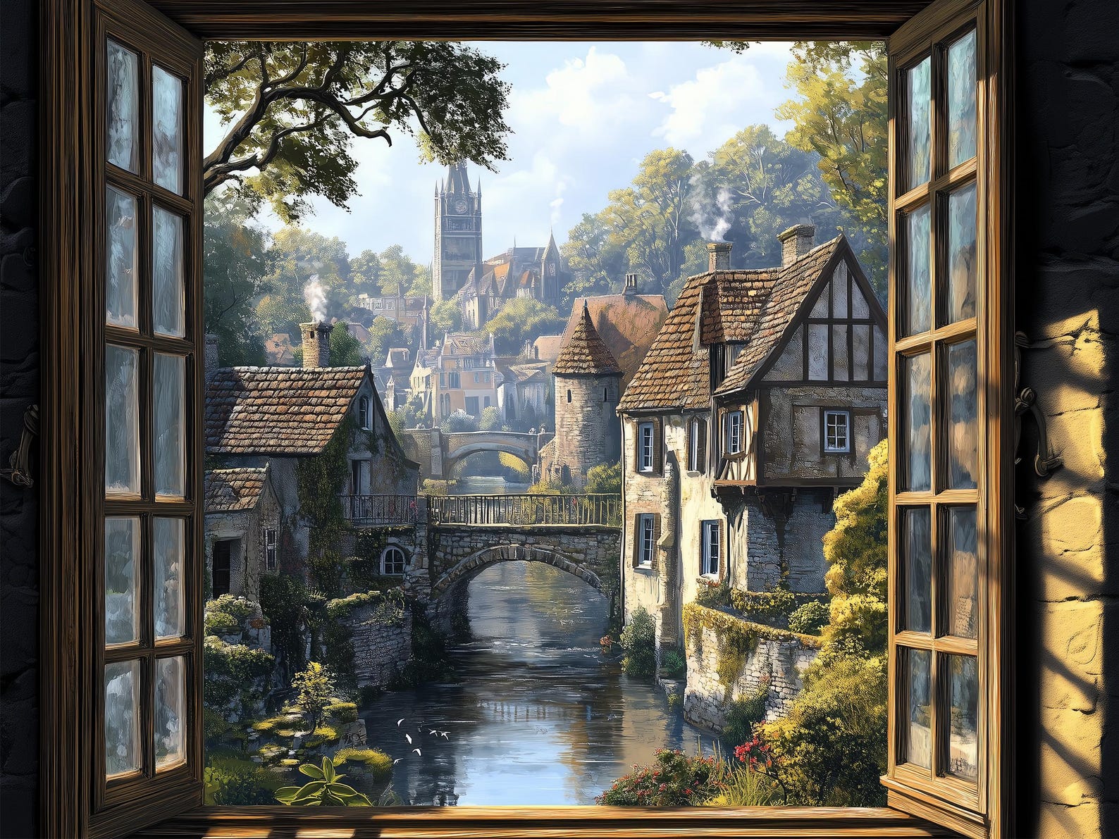 Medieval Village Window View, Rustic Wall Art, Watercolor Landscape ...