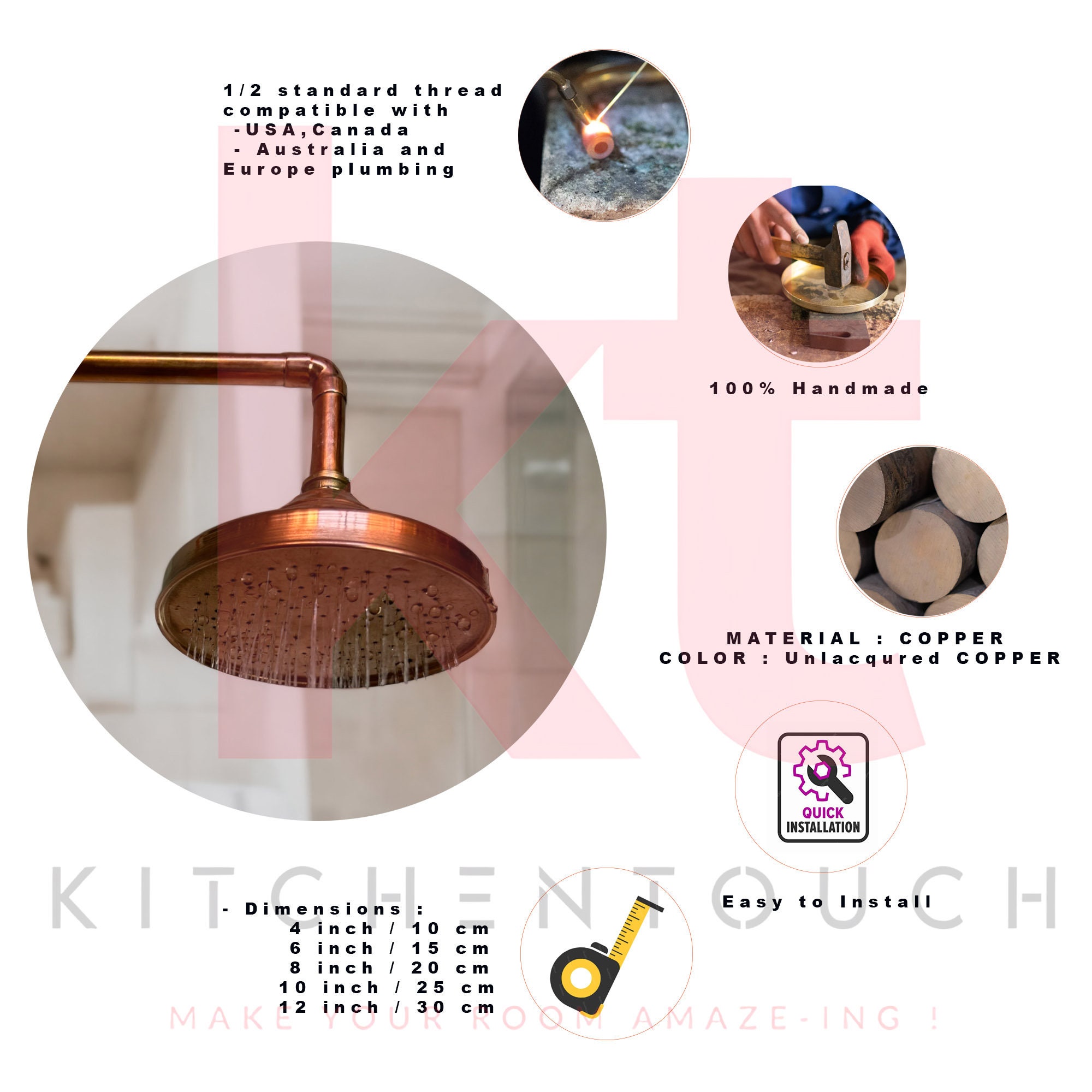 Unlacquered Copper Rainfall Shower Head, Eco Outdoor Showerhead ...